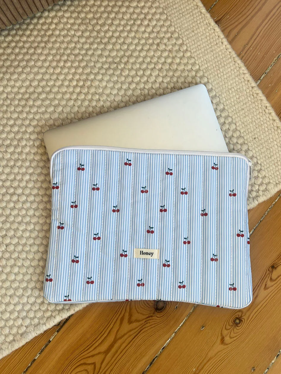 Honey Computer Sleeve - Blue/White Stripes With Cherries - Design By Si